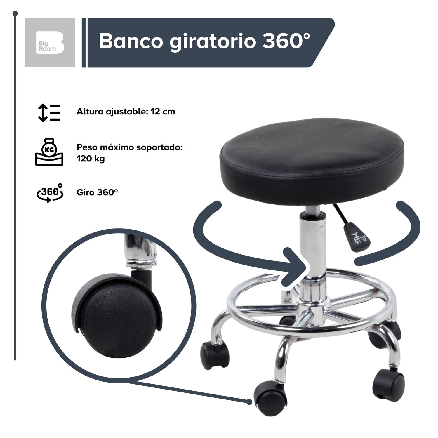 Banco Taburete Giratorio Neumatico Con Ruedas Reposapies Spa – Somos Reyes